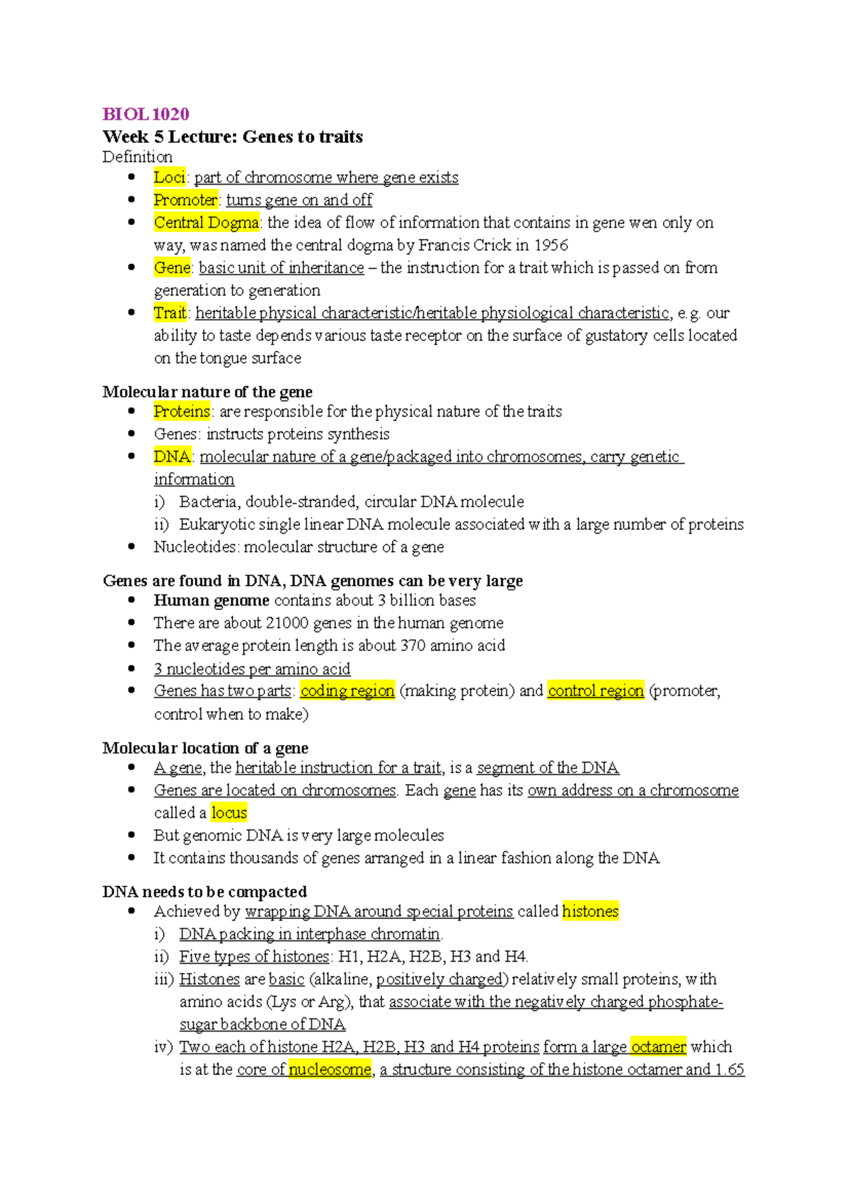 BIOL1020 Week 5-8 Lecture Notes: Genes, Traits, and Gene Regulation ...