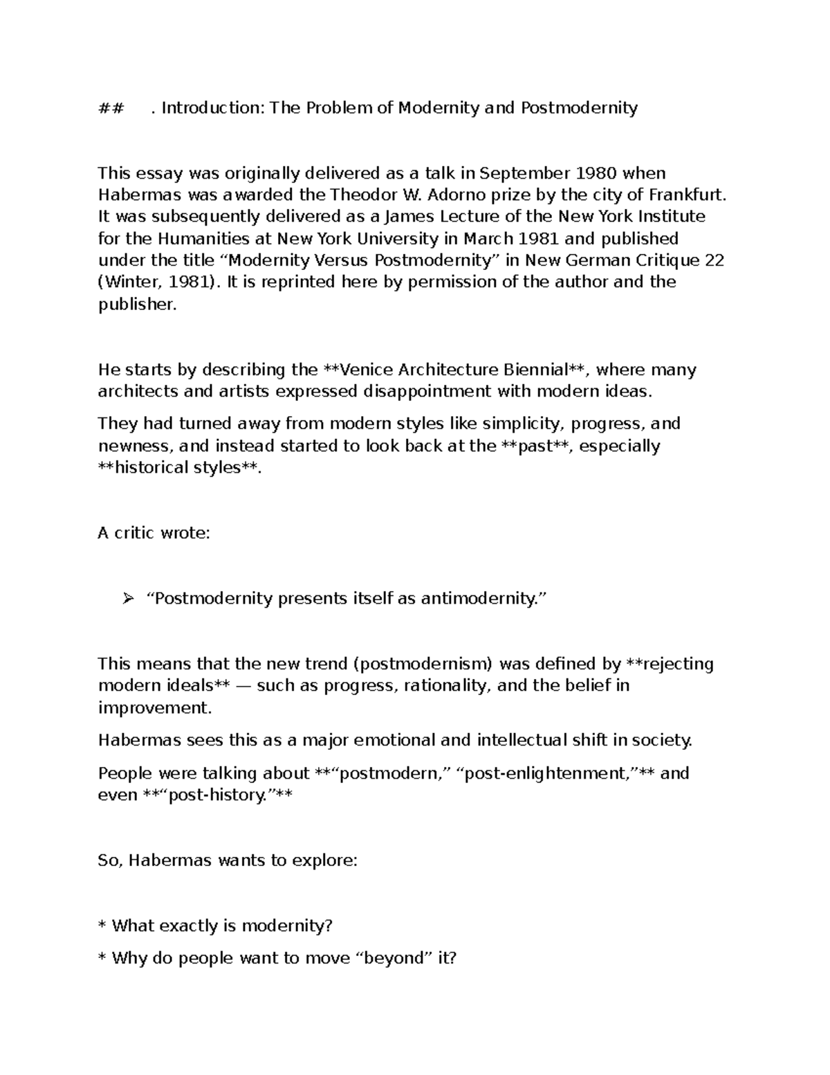 Modernity and Postmodernity: An Incomplete Project (PHIL 101) - Studocu