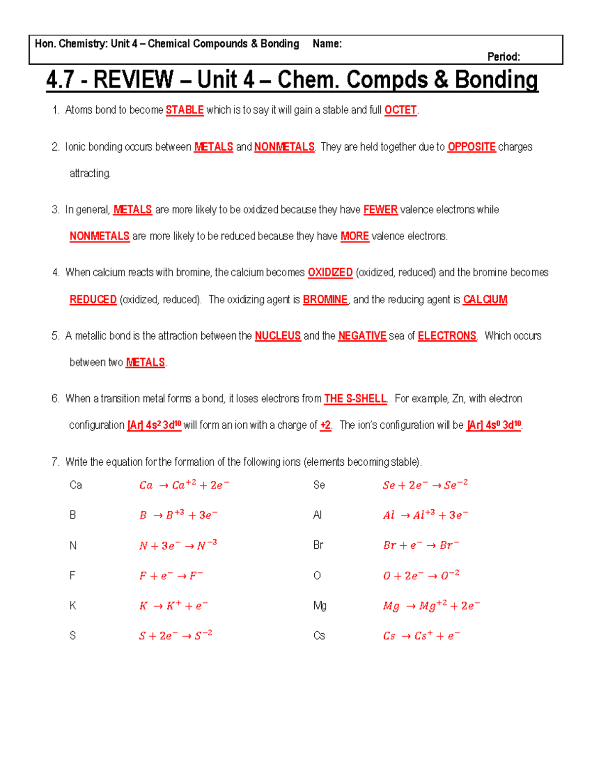 Unit 4 Review Key - Hon. Chem. Compounds & Bonding Answer Key - Studocu