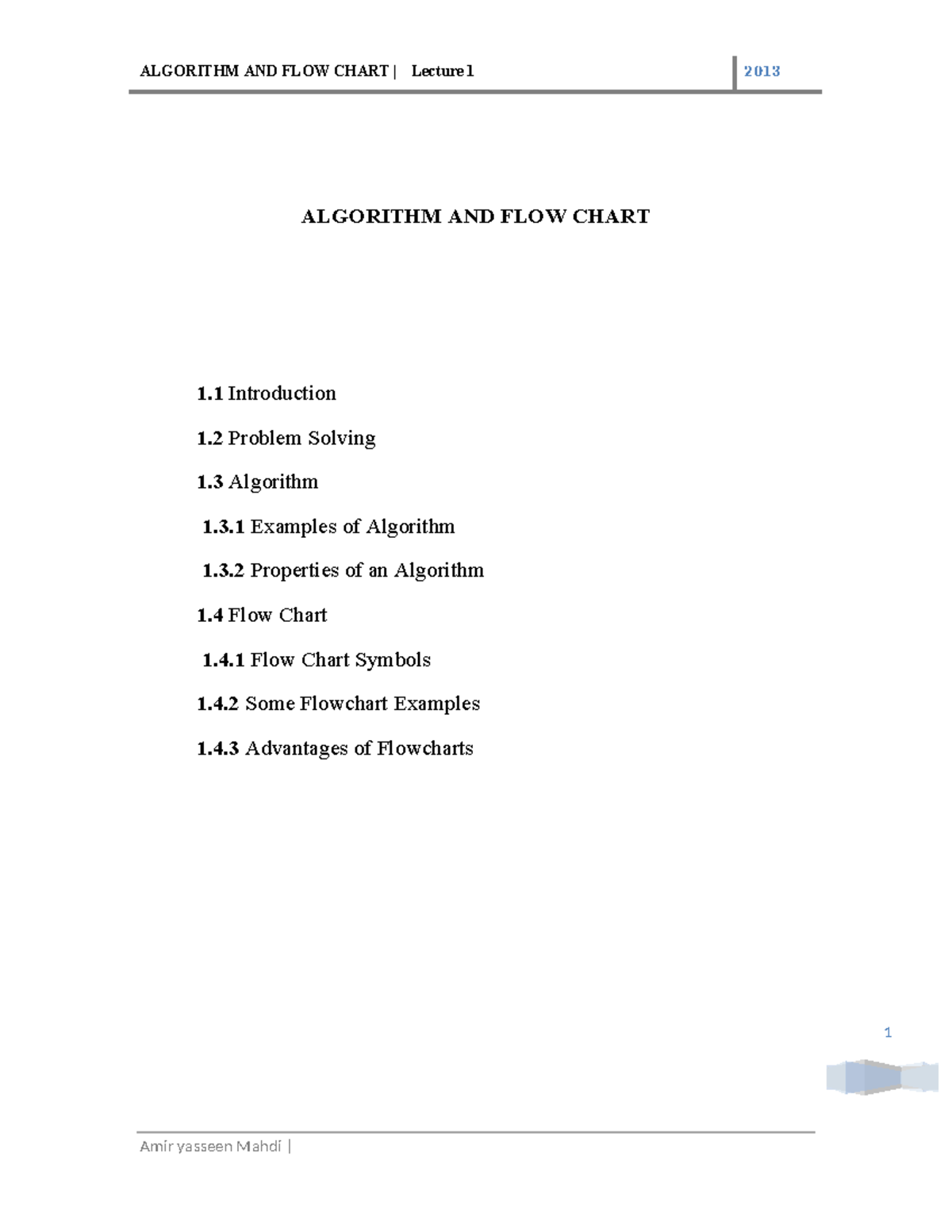 ALGORITHM AND FLOW CHART Lecture 1 - Introduction to Algorithms & Flowcharts - Studocu
