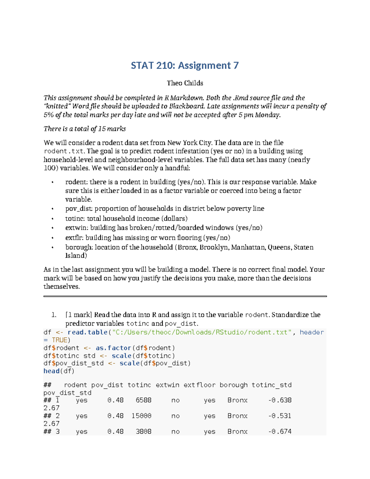 Stat 210 Assignment 7 Rodent Infestation Analysis In R Markdown