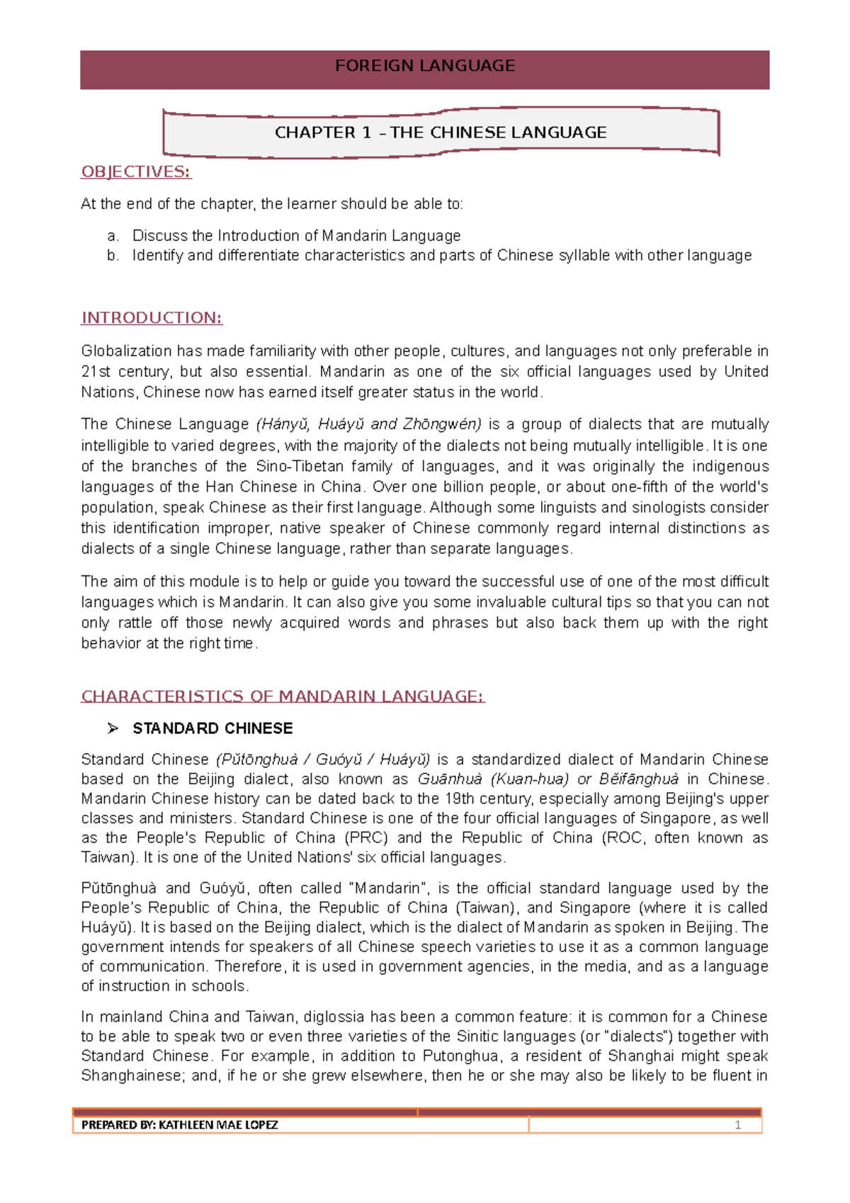 Module 1 - Introduction to Mandarin Language and Characteristics - Studocu