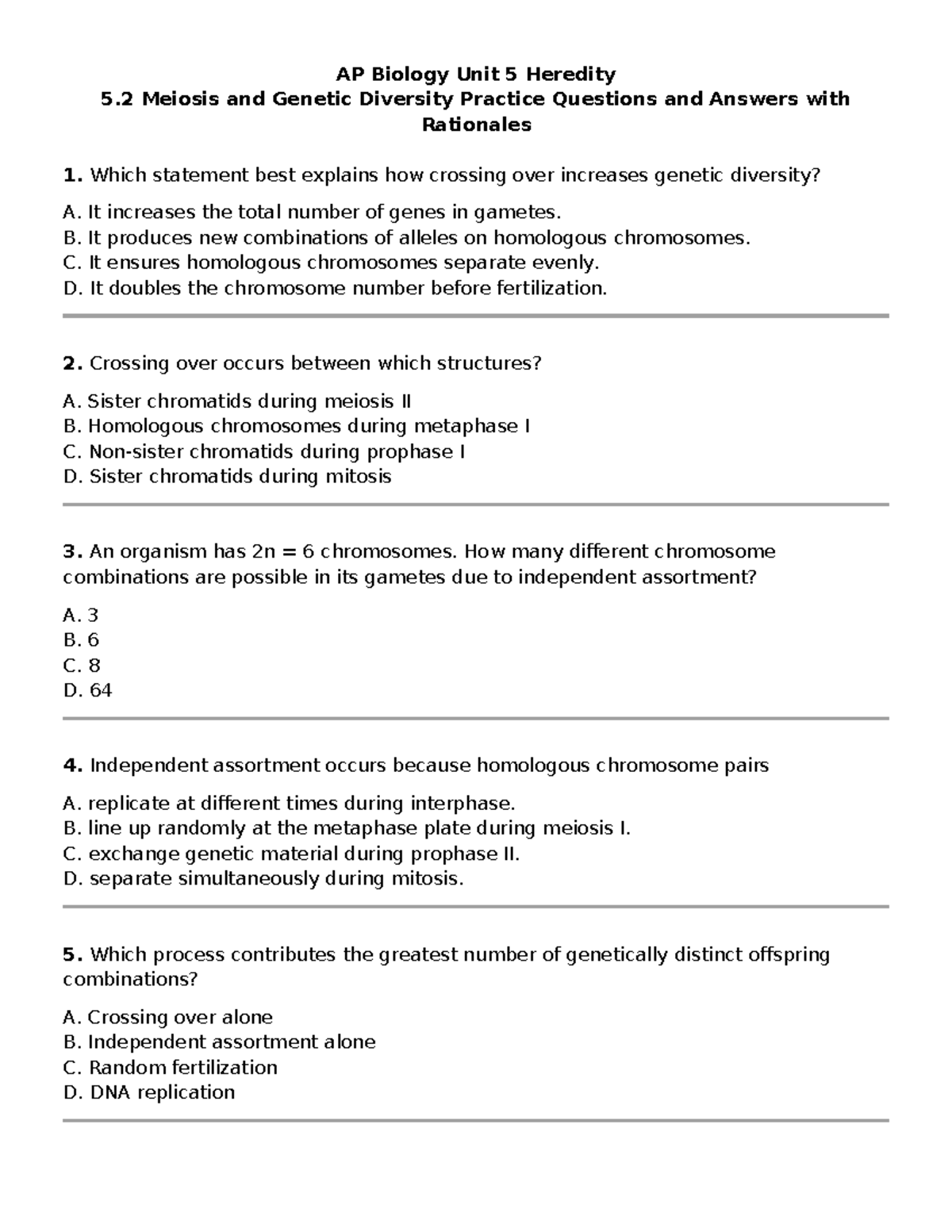 AP Biology Unit 5.2 Meiosis & Genetic Diversity Practice Q&A with ...