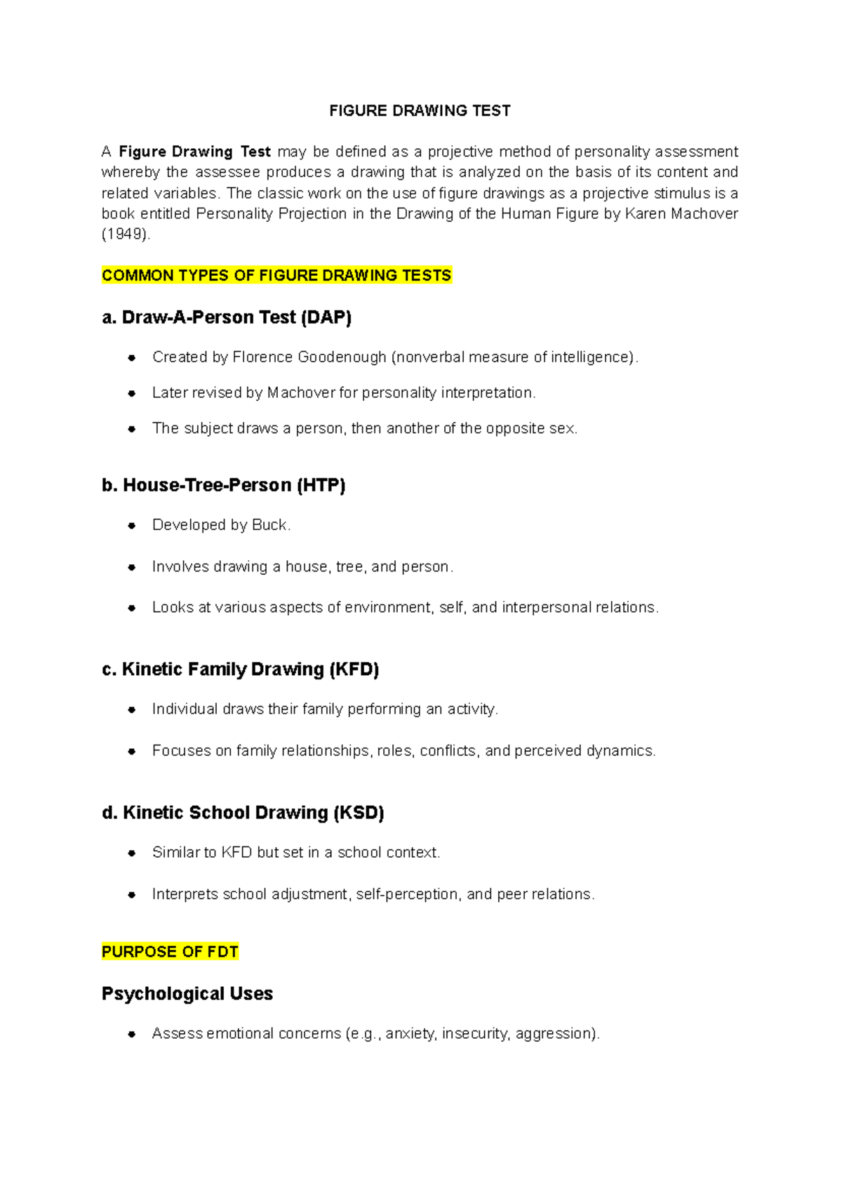 Figure Drawing Test (FDT): Understanding Projective Assessments - Studocu