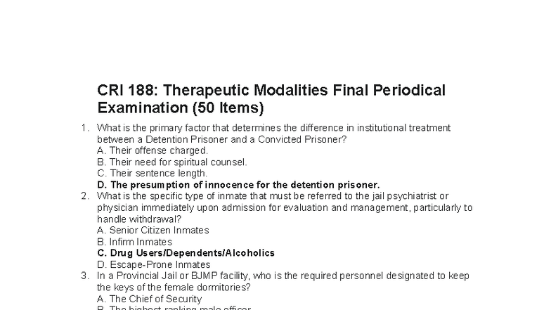 CRI 188: Therapeutic Modalities Final Exam Sample Questions (50 Items ...