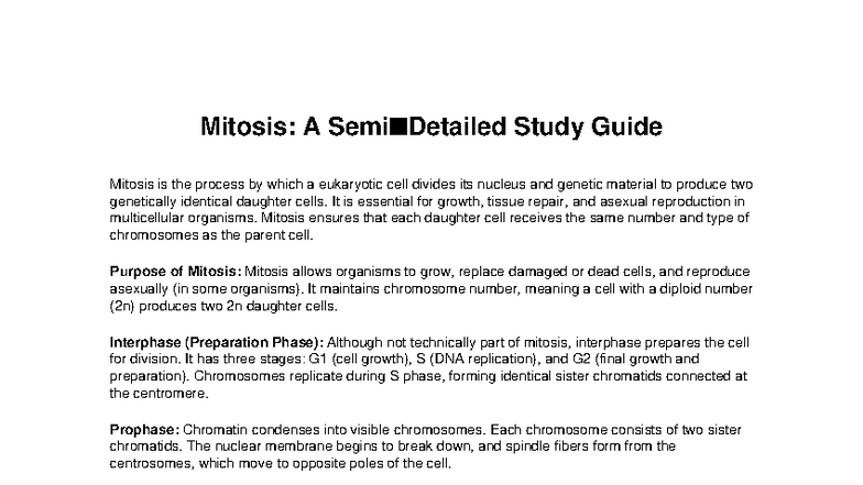 Mitosis Study Guide: Understanding Cell Division Process - Studocu