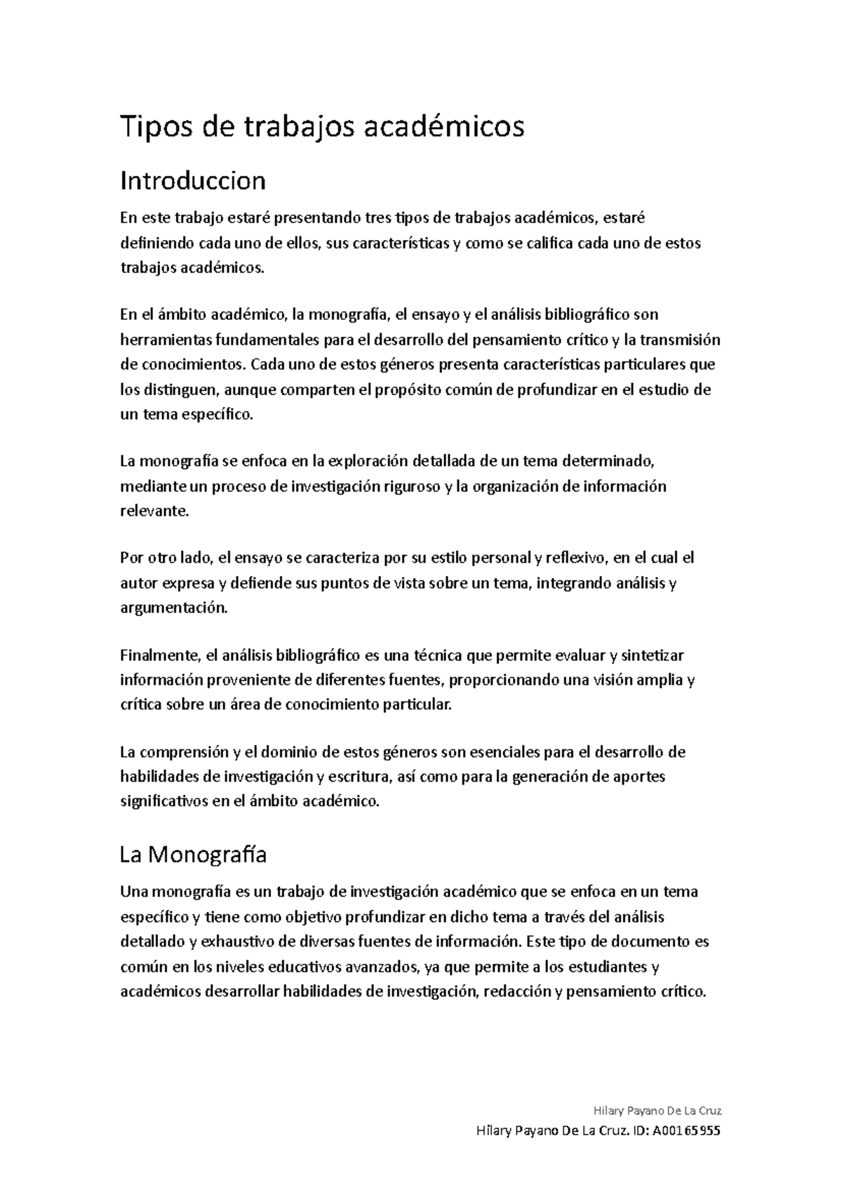 Unidad 2. Actividad 1: Tipos de Trabajos Académicos y sus Características - Studocu