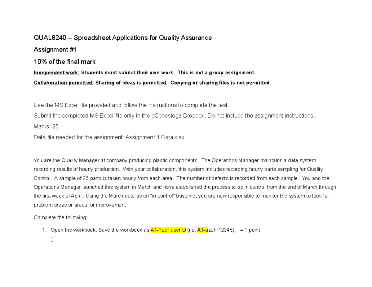 Assignment 1 Instructions revised - QUAL8240 – Spreadsheet Applications ...