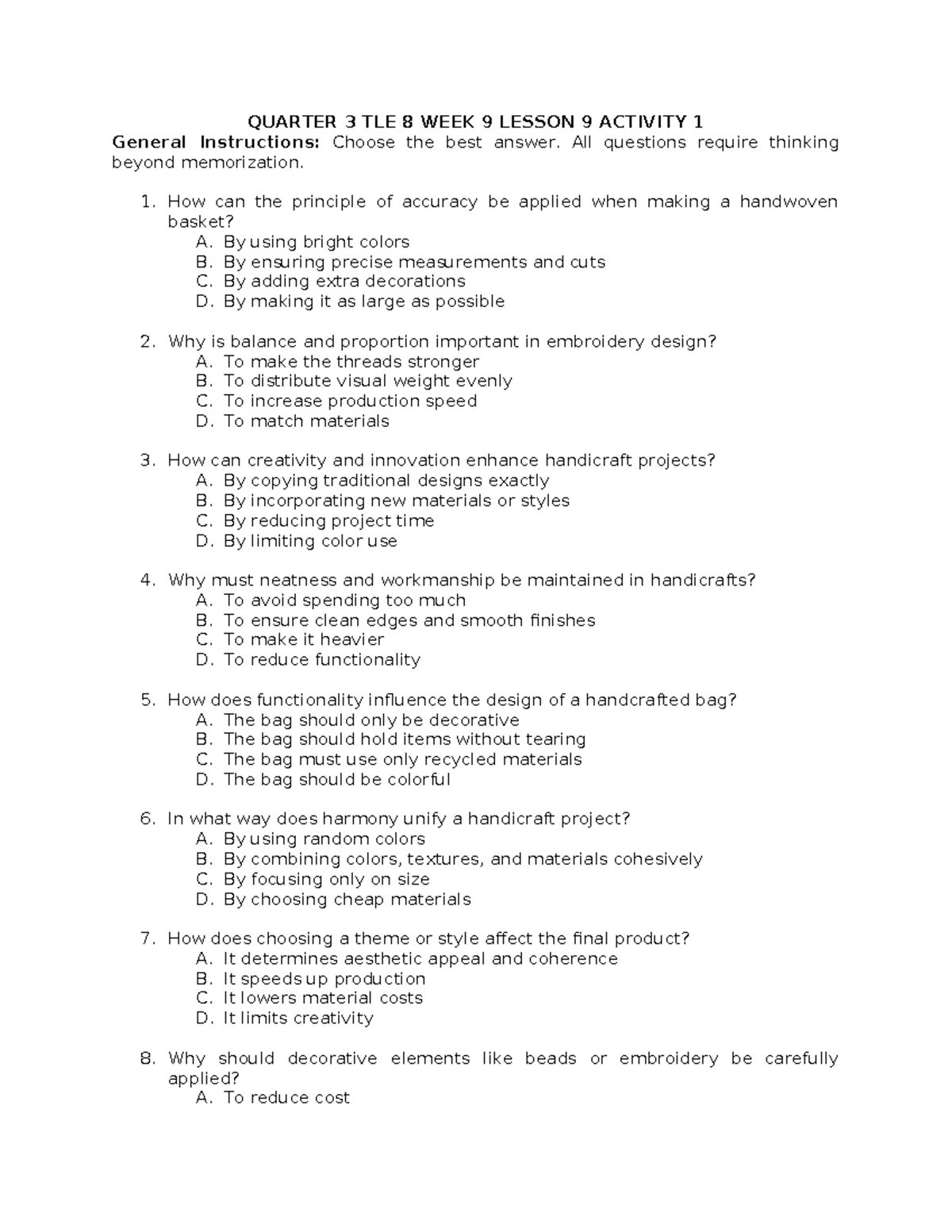 TLE 8 Q3 W9 Lesson 9 Activity 1: Handicraft Principles & Evaluation ...