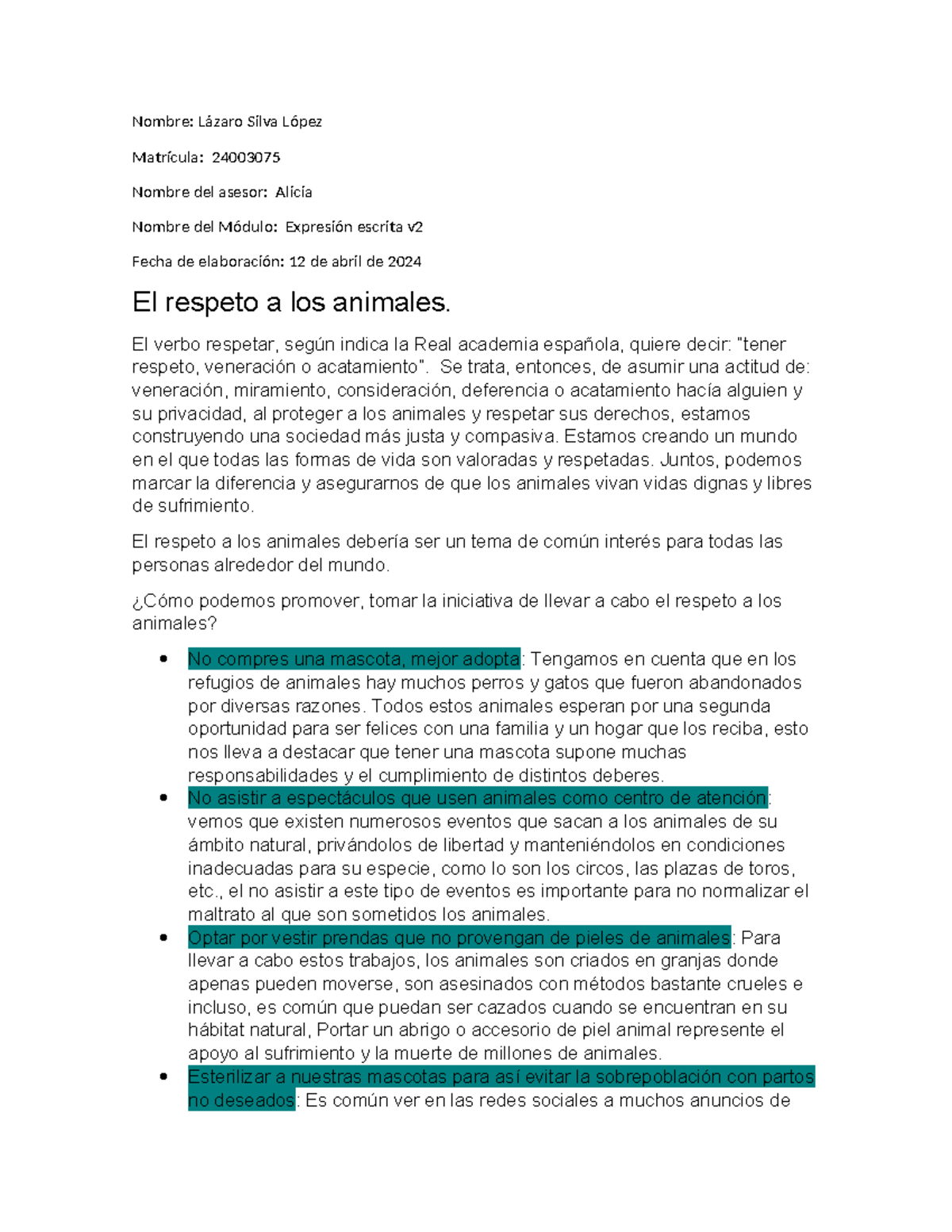 Respeto a los Animales: Ensayo Sobre la Conciencia Animal LS - Studocu