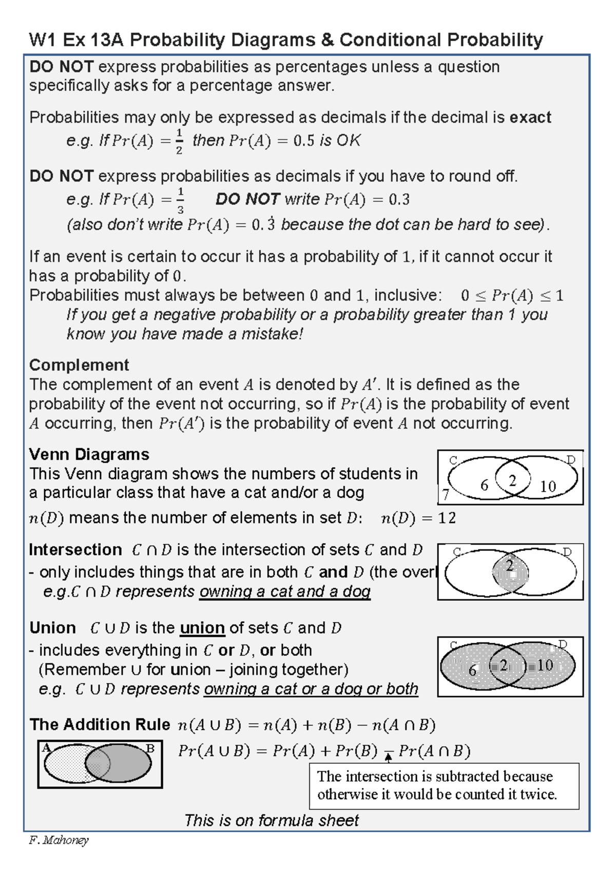 W1 Ex 13A Conditional Probability & Probability Diagrams - Studocu