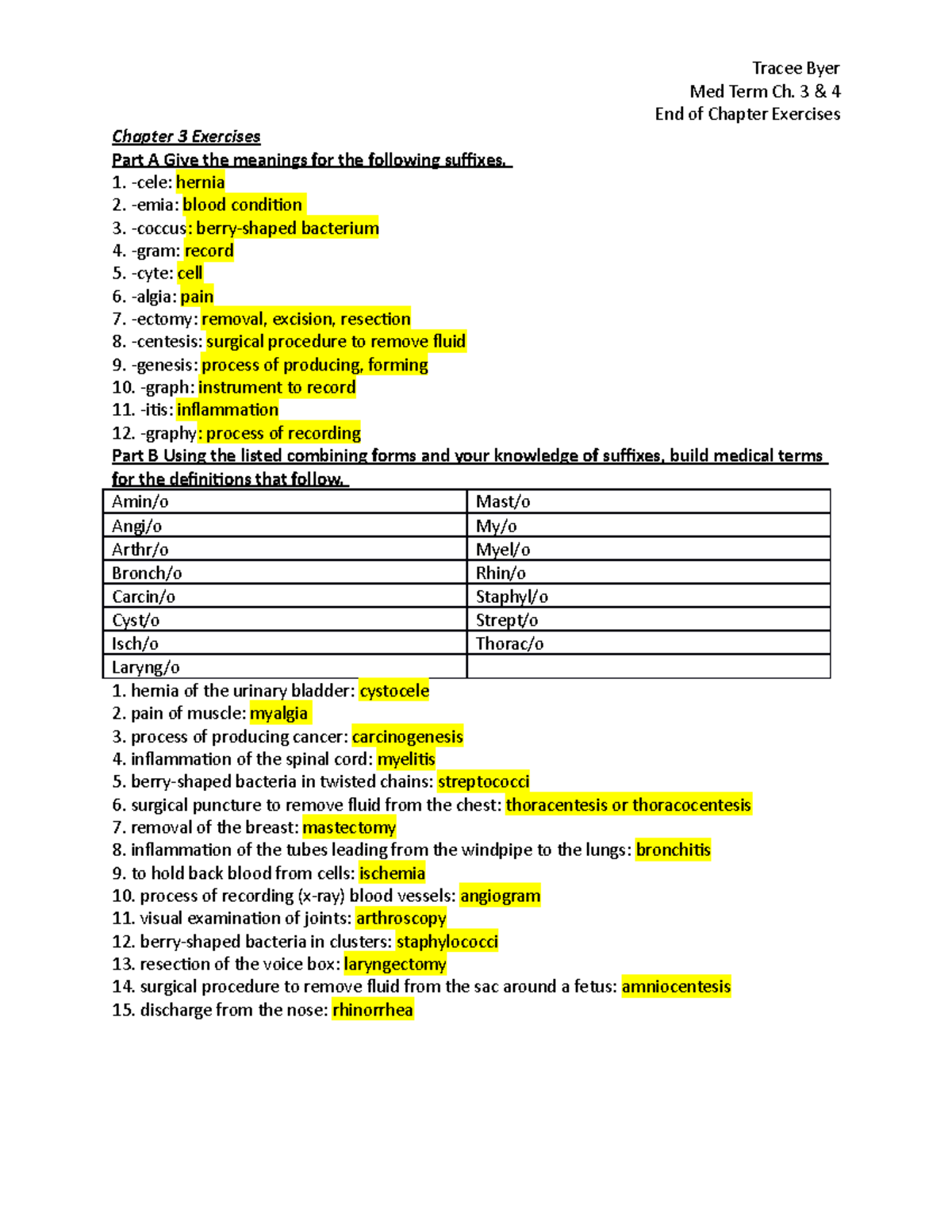 Med Term 101: Ch. 3 Exercises and Terminology Review - Studocu