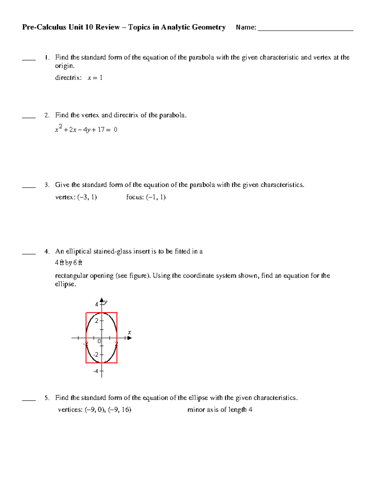 Pre-Calculus Unit 10 Review: Analytic Geometry Concepts and Equations ...