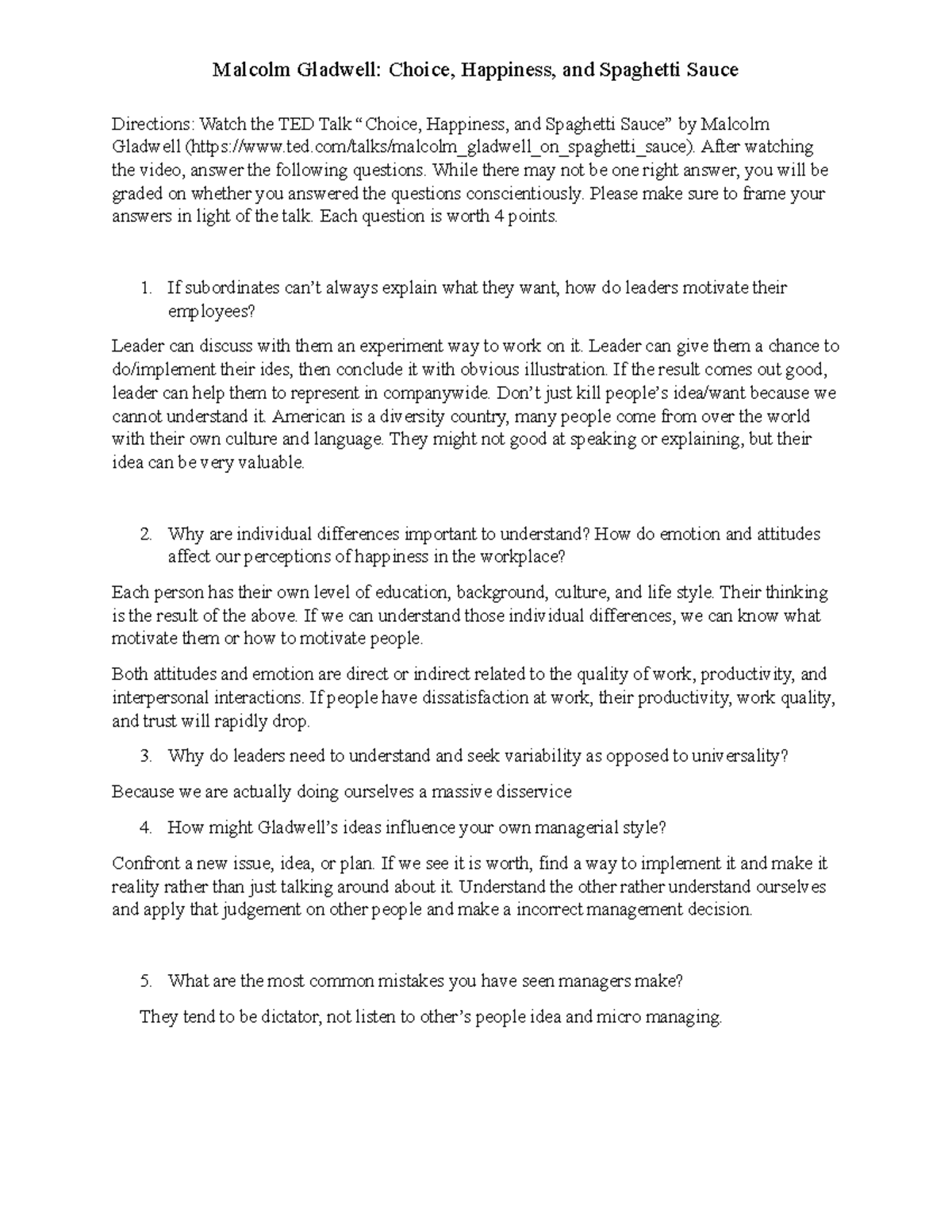 TED Talk Worksheet: Analyzing Malcolm Gladwell on Choice & Happiness ...