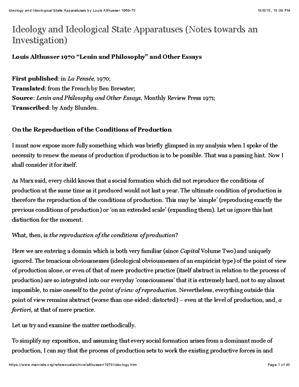 Althusser's Ideology and Ideological State Apparatuses (Notes) - Studocu