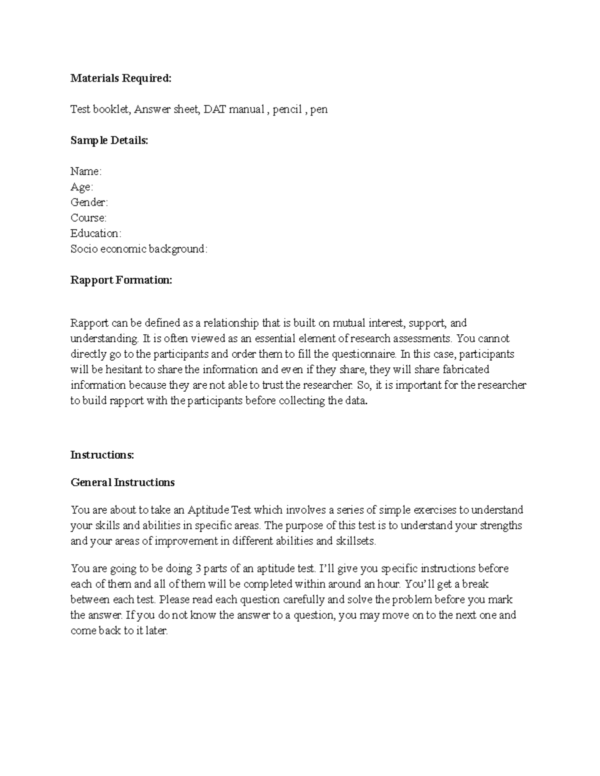 DAT - Differential Aptitude Test Instructions and Analysis - Studocu