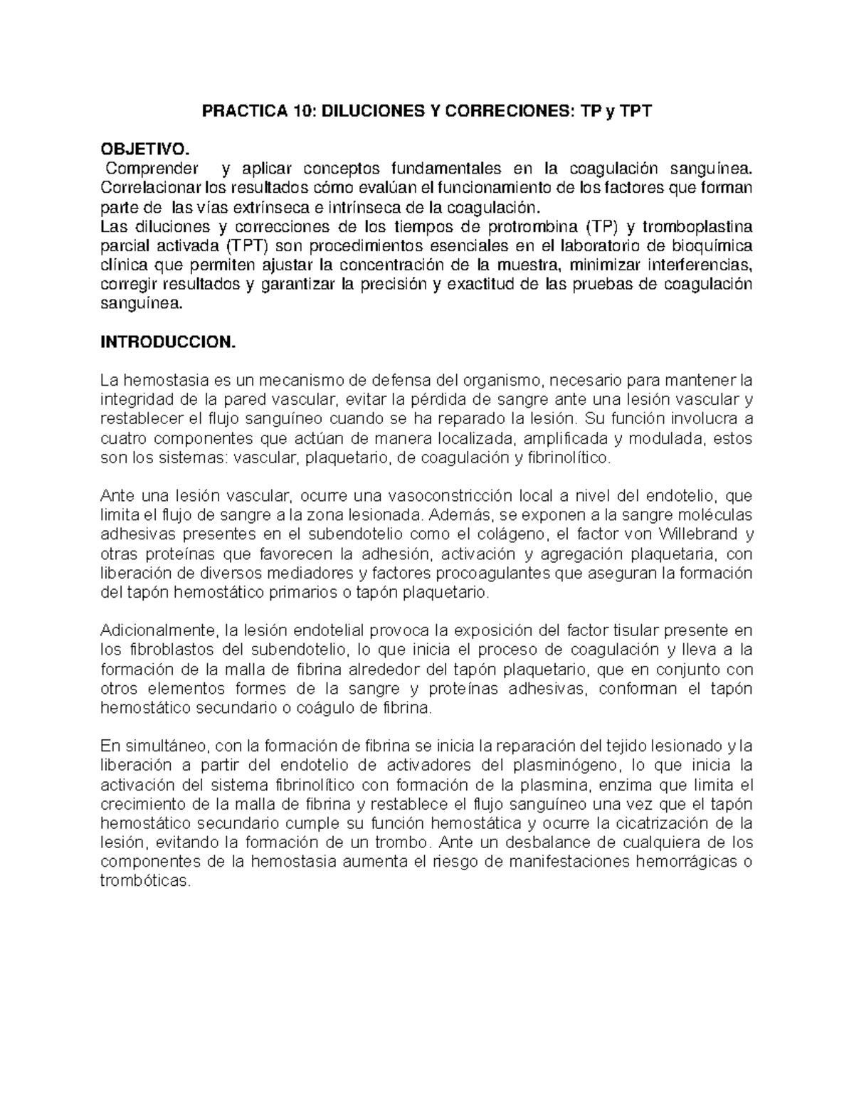 Práctica 10: Diluciones y Correcciones en Coagulación Sanguínea (TP ...