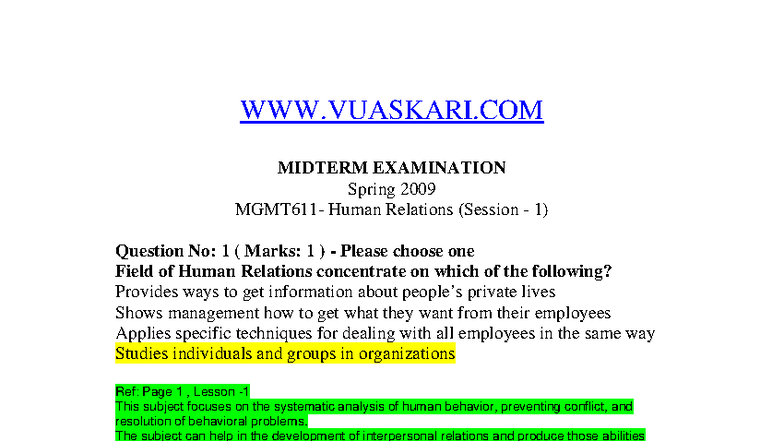 HRM611 Midterm Exam Spring 2009: Human Relations Questions & Answers ...