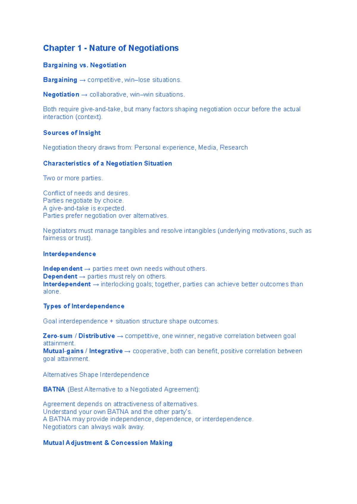 Chapter 1 Notes: Nature of Negotiations - Bargaining vs. Negotiation ...