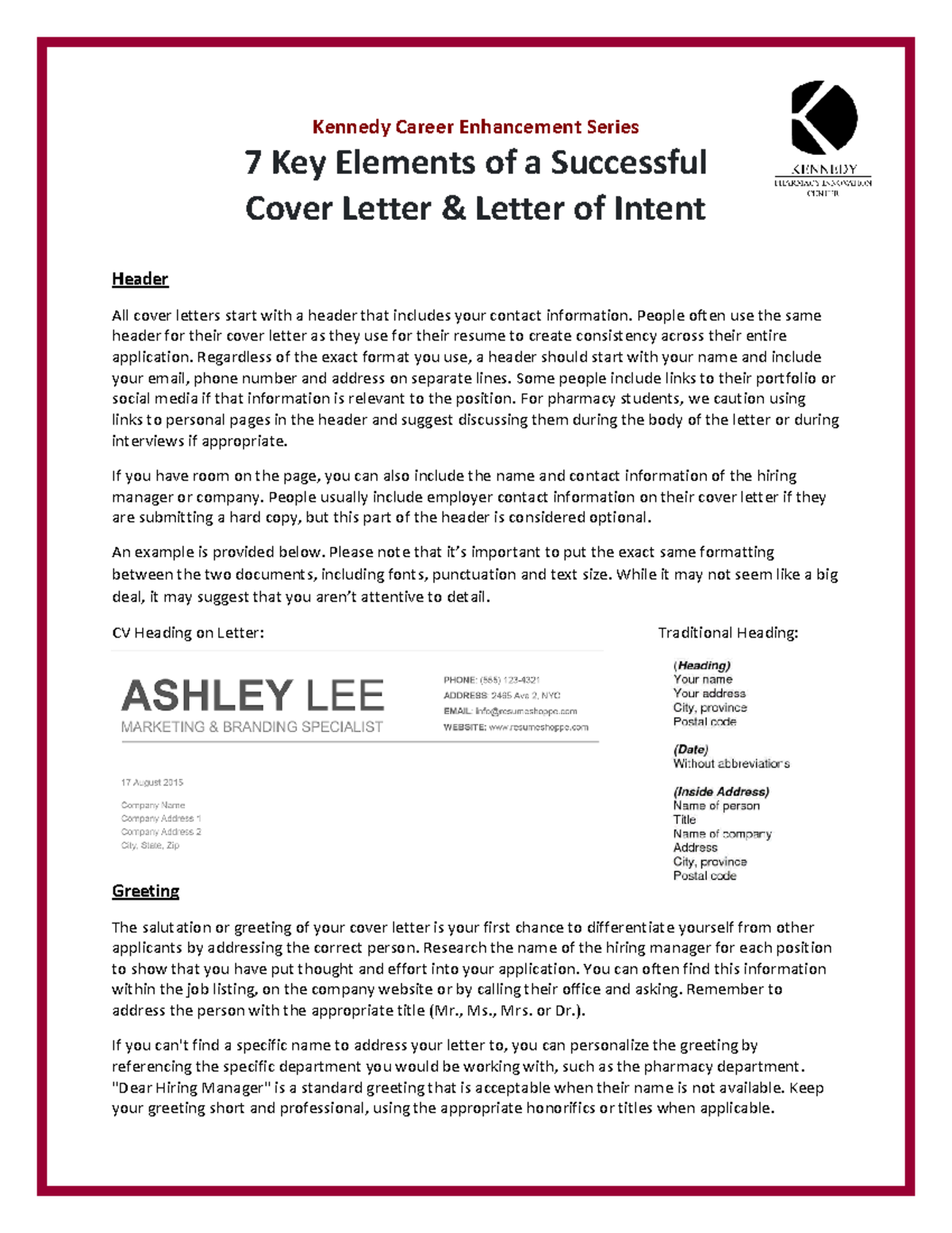 Kpic CES: 7 Key Elements for a Successful Cover Letter & Intent - Studocu
