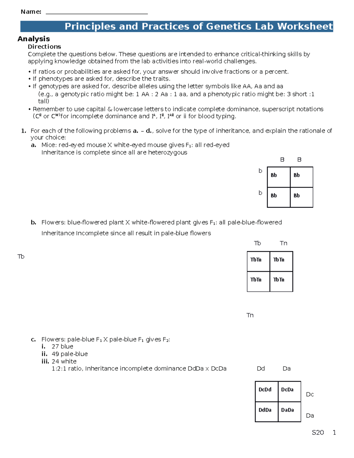 Genetics Lab Worksheet: Principles & Practices (BWAHL 1) - Studocu