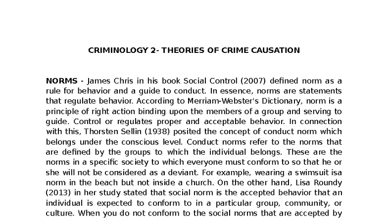 CRIM 101: Theories of Crime Causation and Social Norms - Studocu