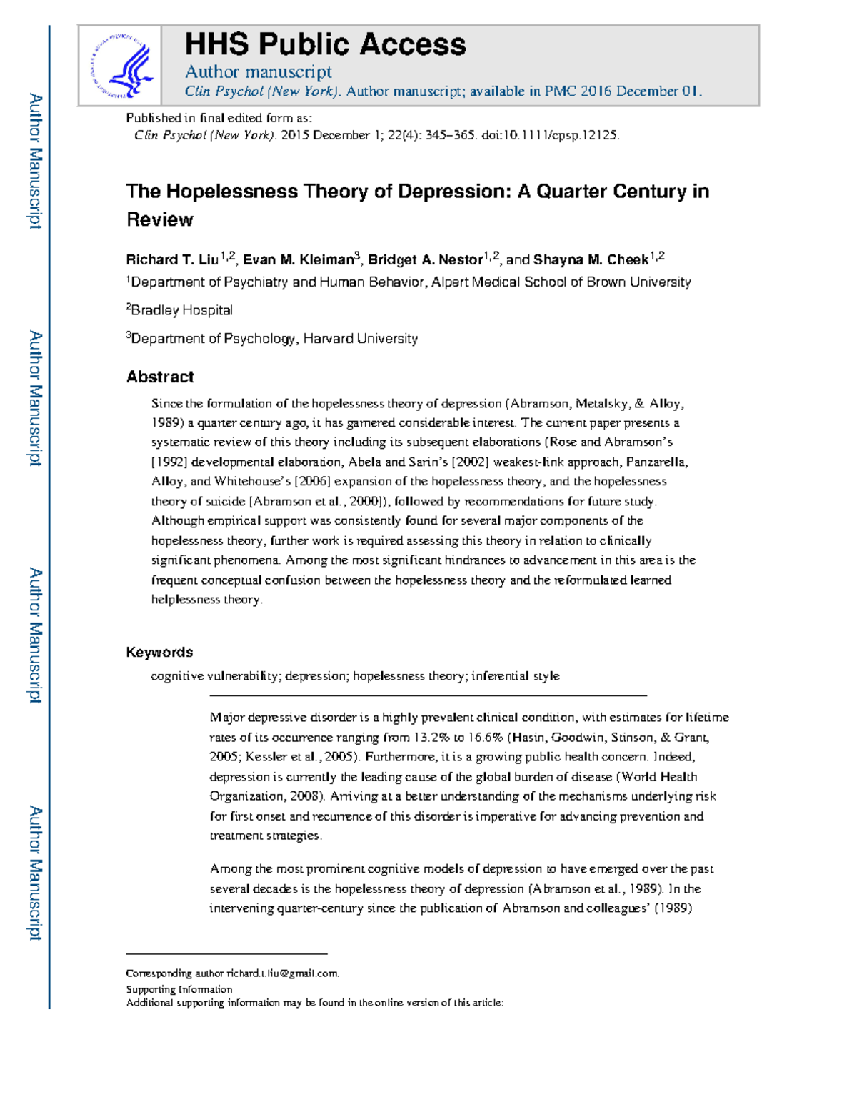 The Hopelessness Theory of Depression: A 25-Year Review and Future ...