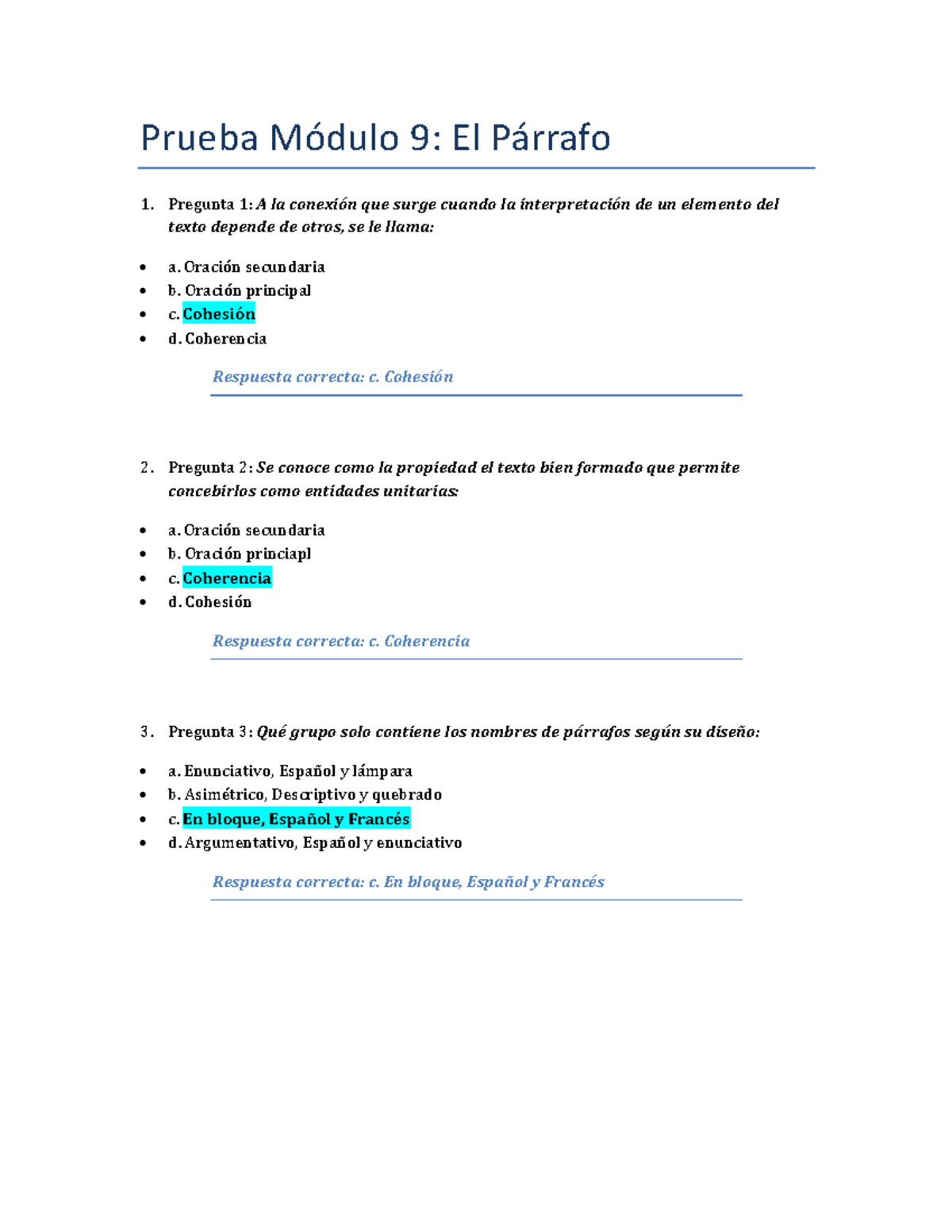 Prueba Módulo 9: Análisis de Párrafos y Cohesión Textual - Studocu