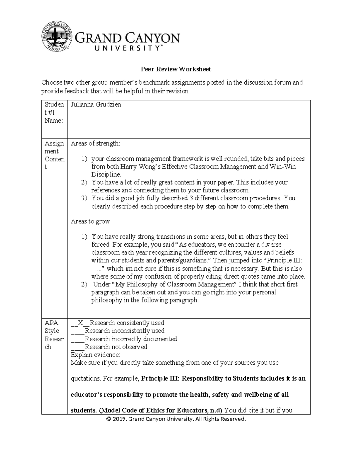 ELM 250 Peer Review Worksheet: Feedback for Group Benchmark Assignments ...
