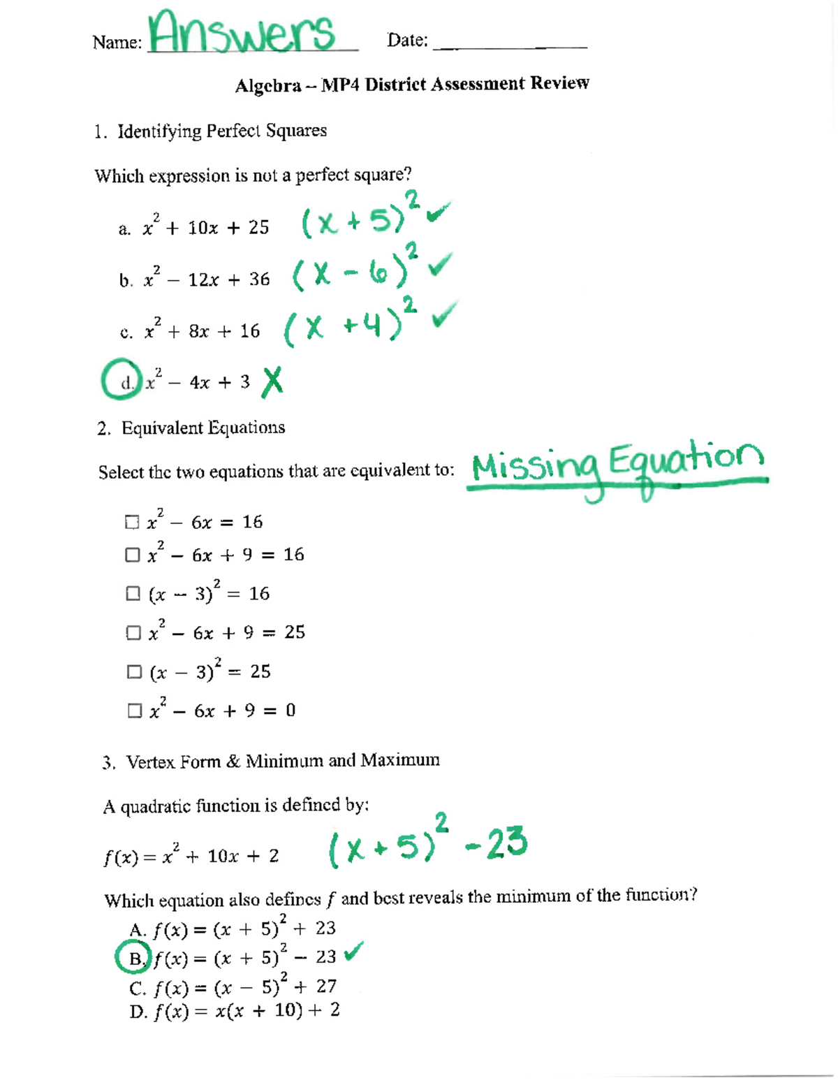 Algebra MP4 District Assessment Review: Perfect Squares & Equations ...