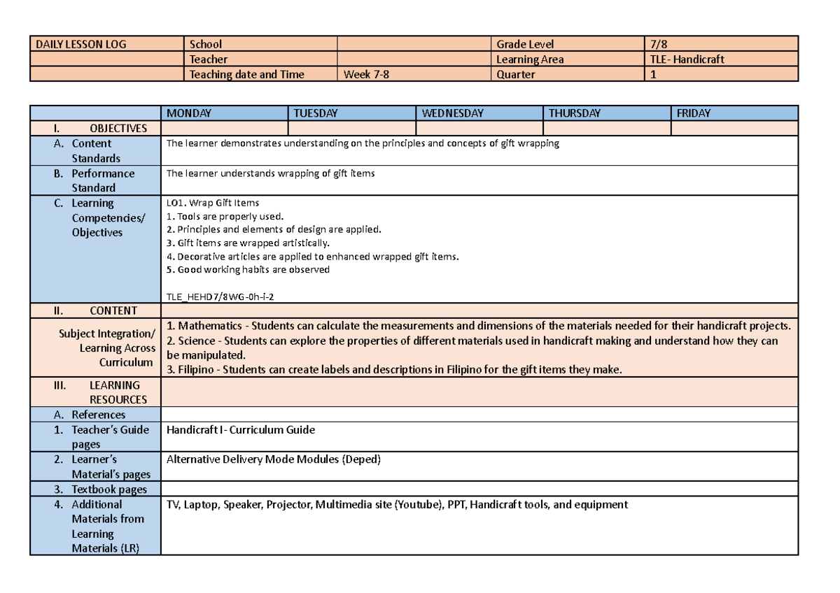 Handicraft Lesson Plans
