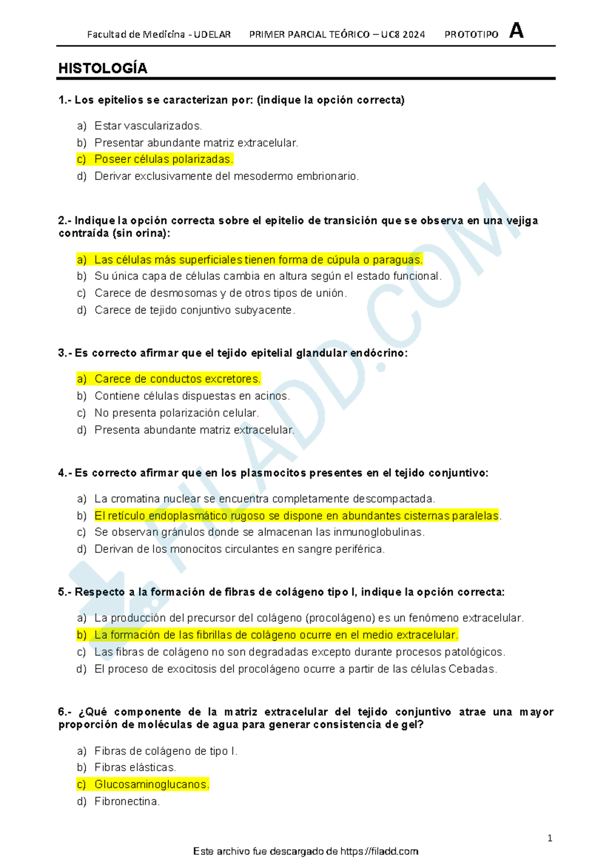 Facultad de Medicina UDELAR PRIMER PARCIAL TEÓRICO UC8 2024 Histología ...