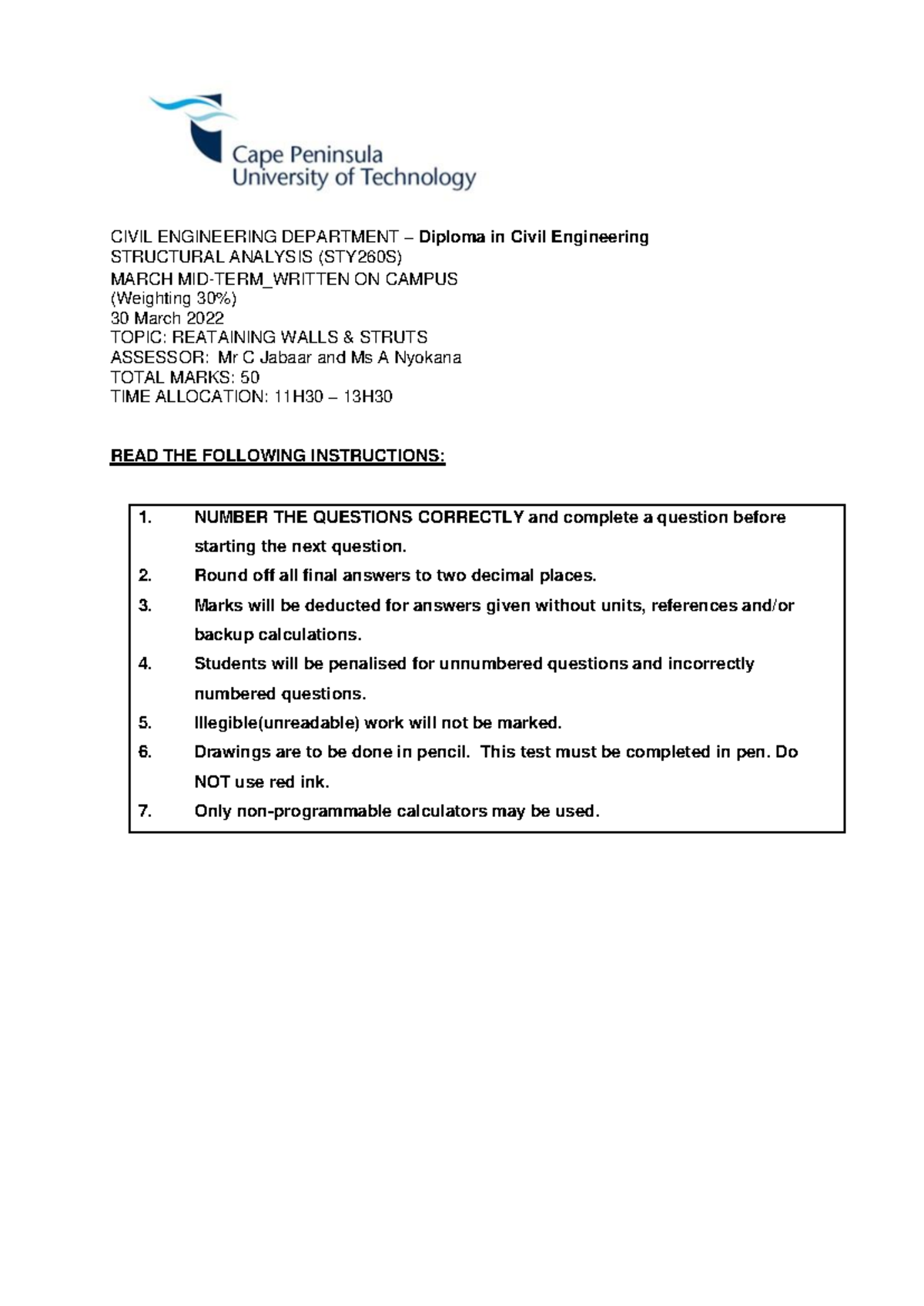 STY260S Mid-Term Exam: Structural Analysis on Retaining Walls - Studocu