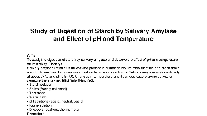 Study of Starch Digestion: Salivary Amylase & pH Effects - Studocu