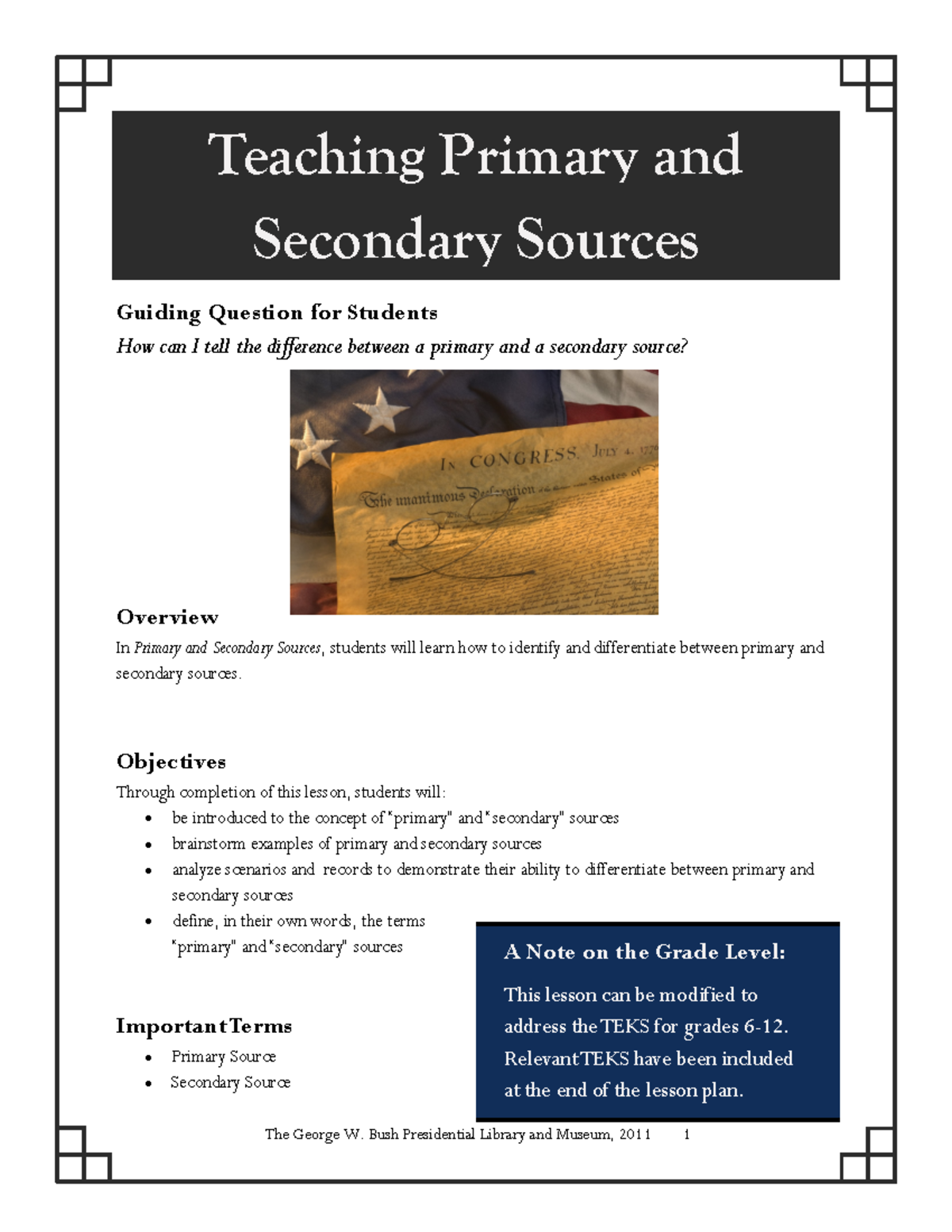 Teaching Lesson: Differentiating Primary & Secondary Sources (Grades 6 ...