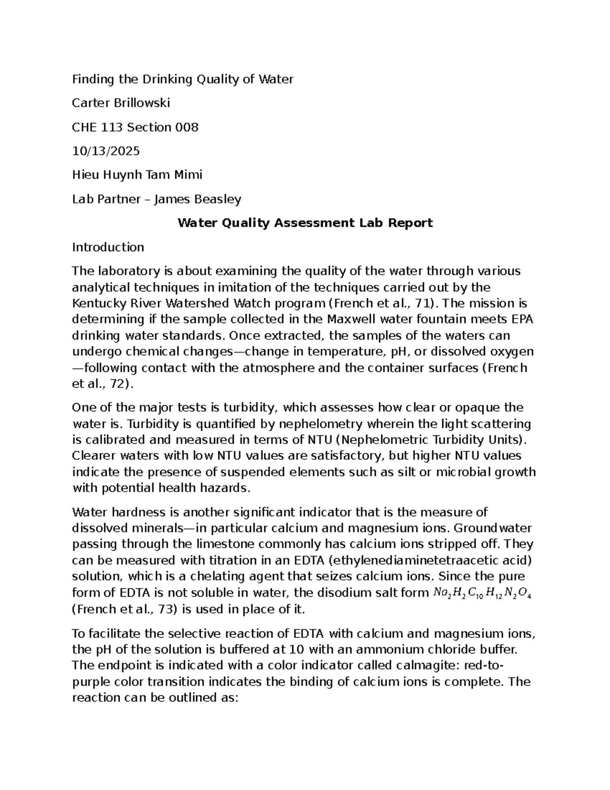 Water Quality Assessment Lab Report - CHE 113 - Studocu