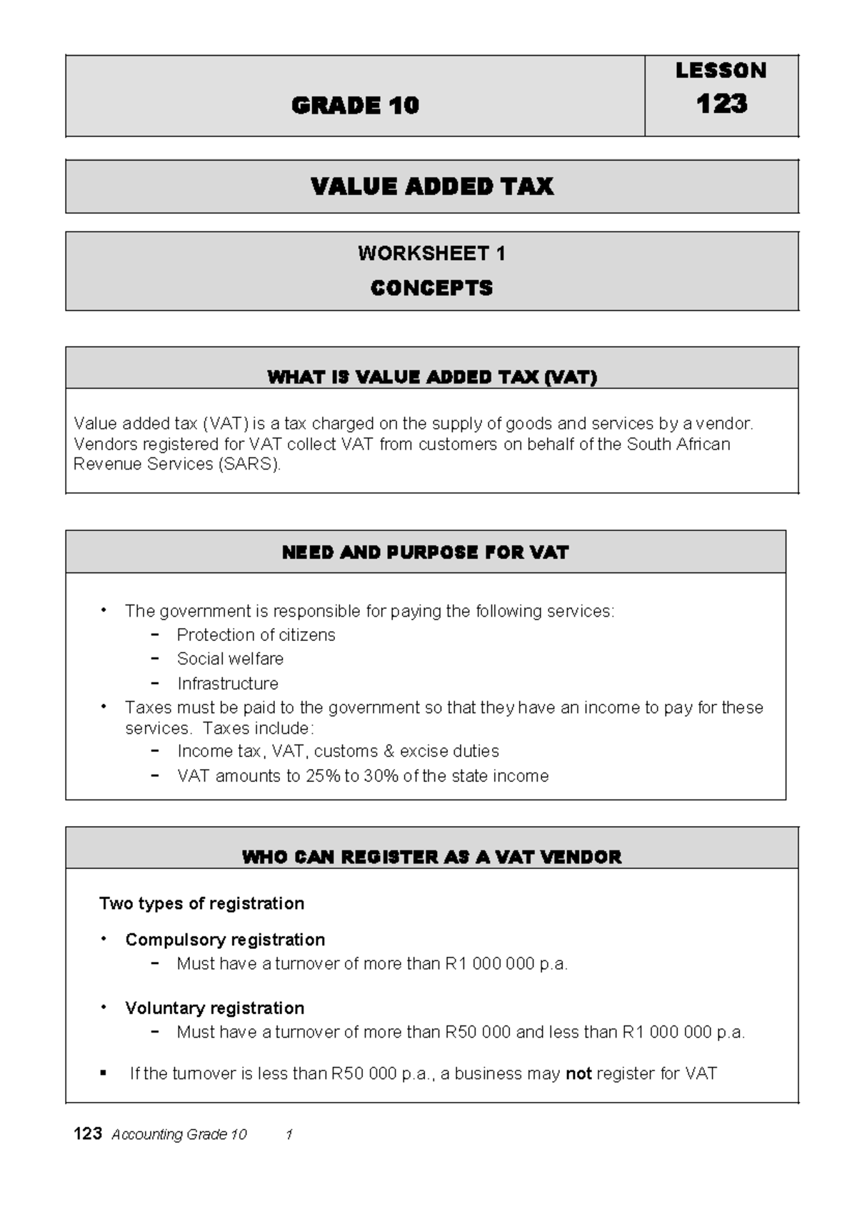 Grade 10 123 VAT Lesson Notes: Concepts and Principles - Studocu