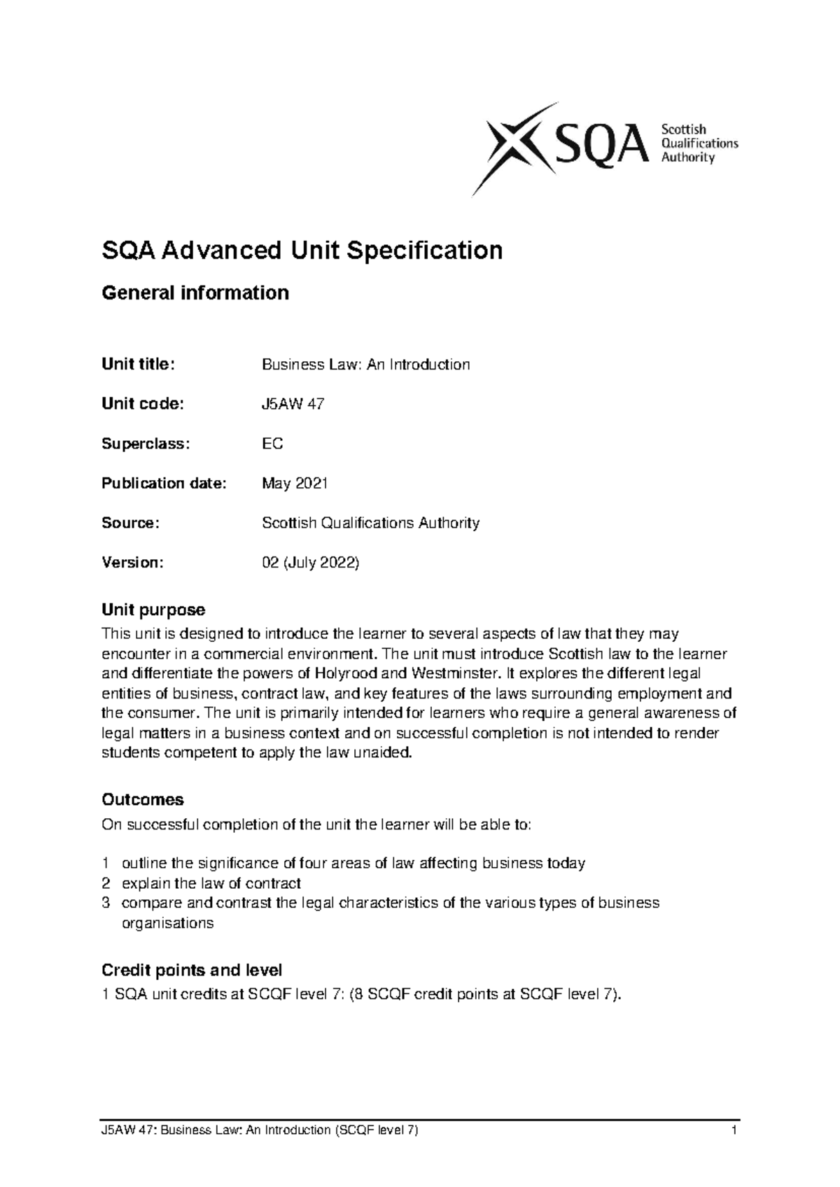 J5AW 47: Business Law - An Introductory Unit Specification (SCQF 7 ...