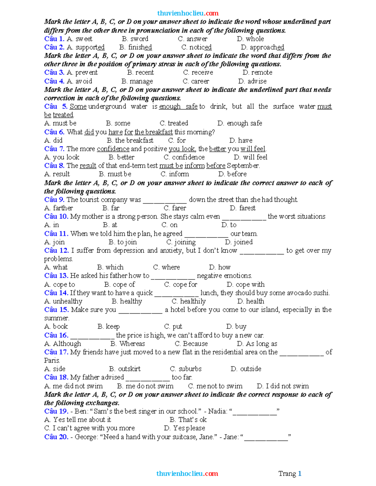 Thuvienhoclieu - Practice Test for Grade 10 English Exam - Studocu