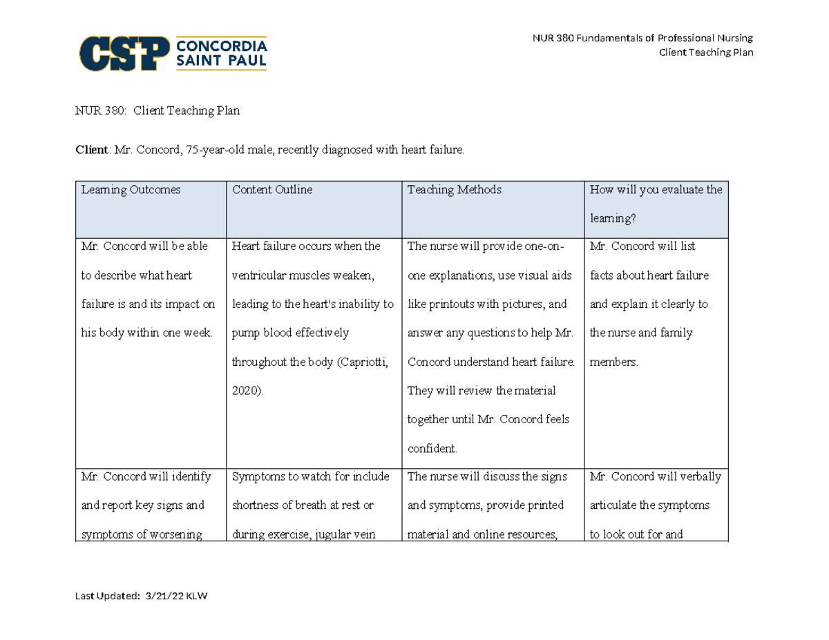 NUR 380 Client Teaching Plan - Client Teaching Plan NUR 380: Client ...