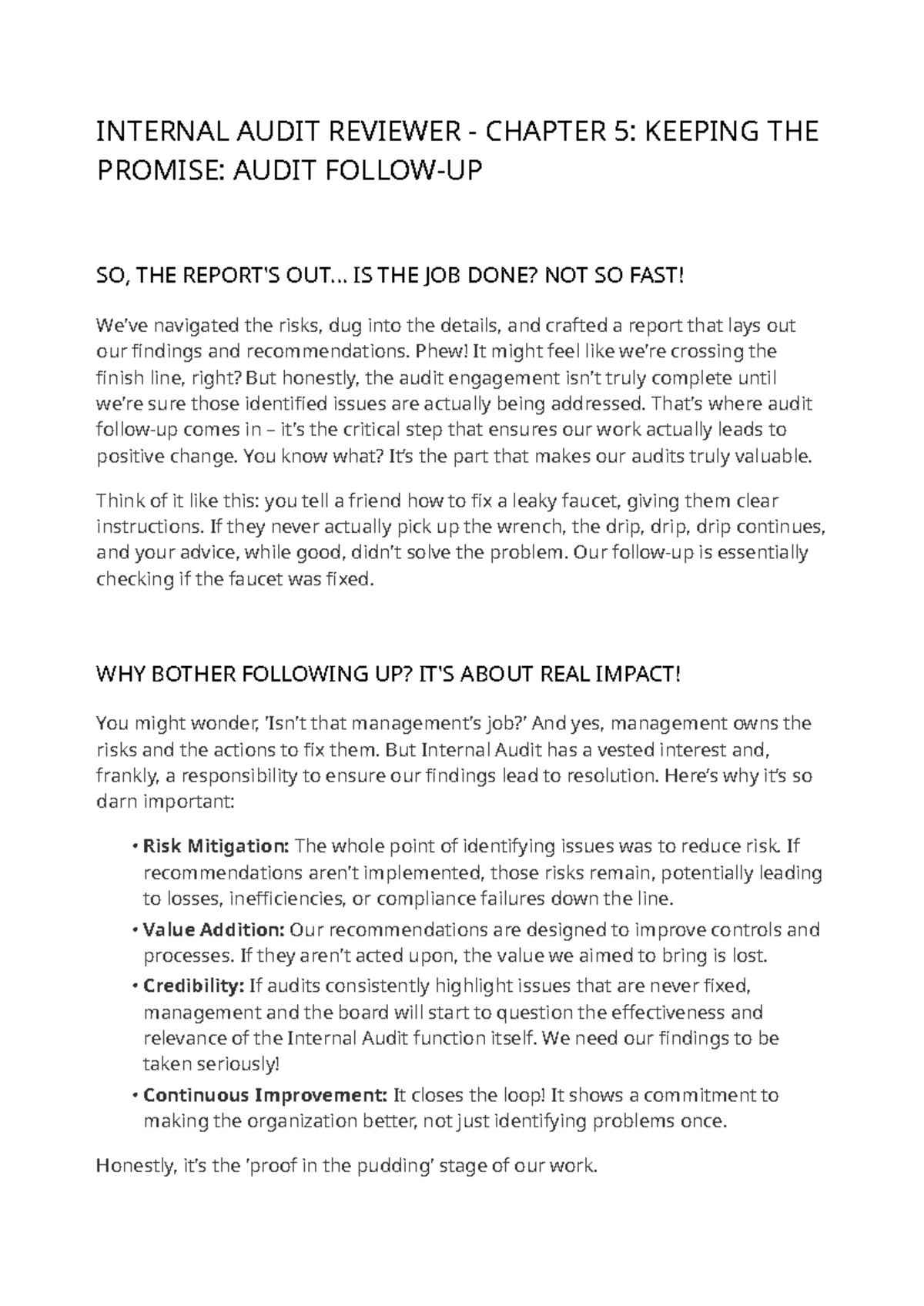 INTERNAL AUDIT ESSENTIALS: CHAPTER 5 - FOLLOWING UP ON AUDIT RECOMMENDATIONS - Studocu