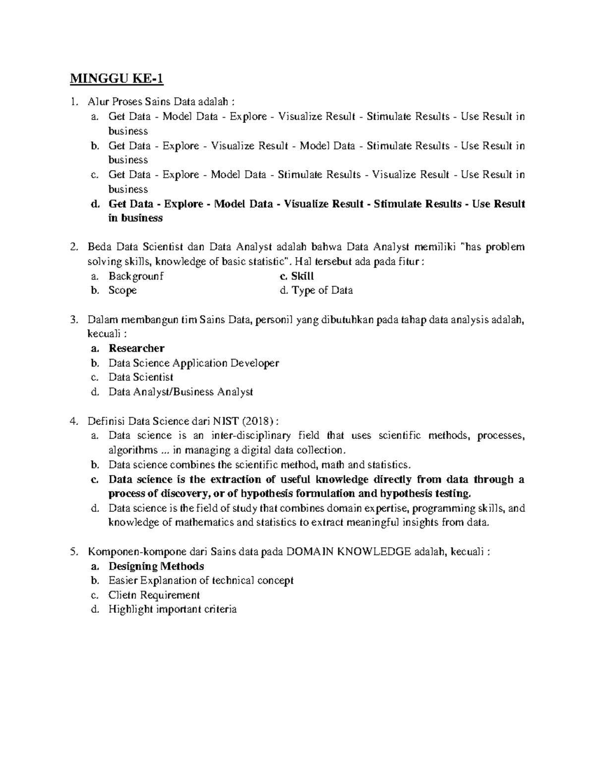 Kuis Team Teaching Sains Data m1-m9: Soal dan Jawaban Lengkap - Studocu