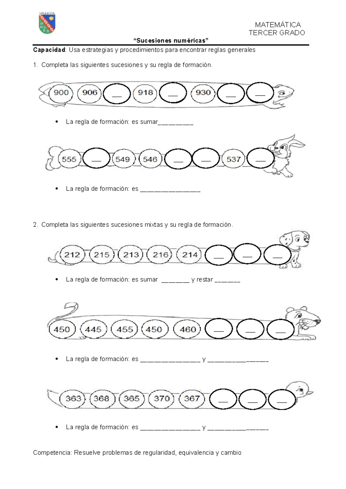 Ficha de trabajo Sucesiones numericas - MATEMÁTICA TERCER GRADO ...
