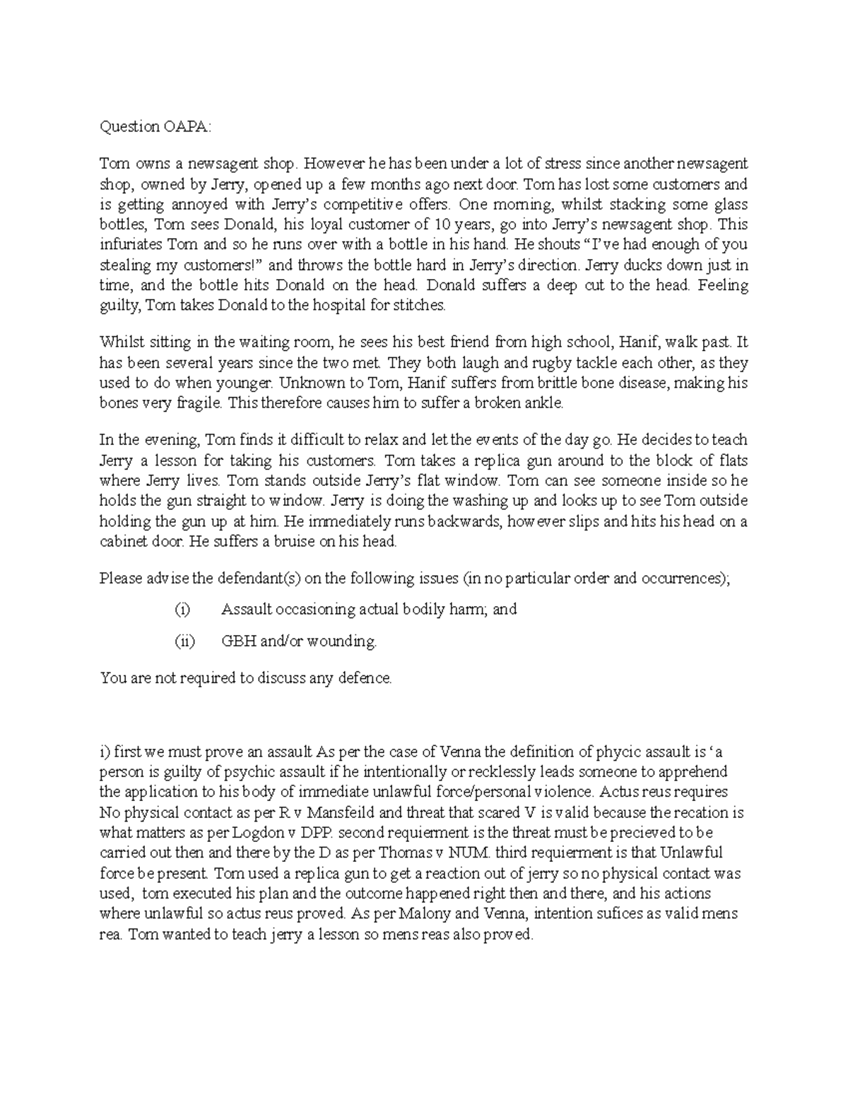CL OAPA Attempted Case Study: Assessing Assault and GBH Issues - Studocu
