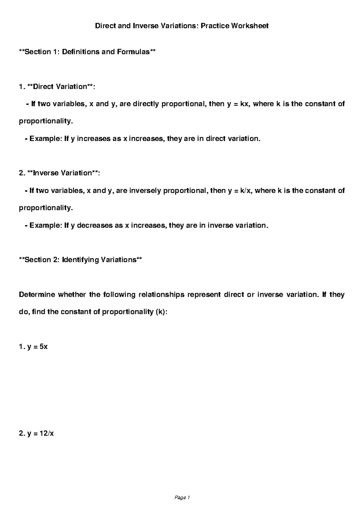 Direct & Inverse Variation Worksheet (Math 101) - Studocu