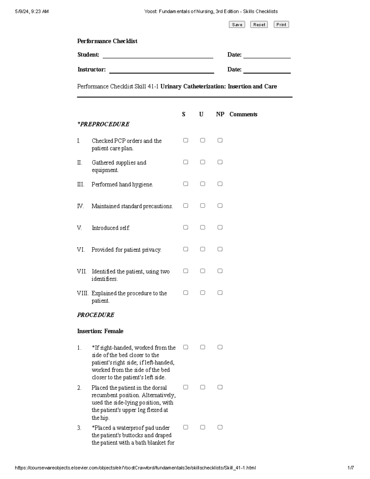 Urinary Catheterization Insertion & Care Performance Checklist - NURS ...