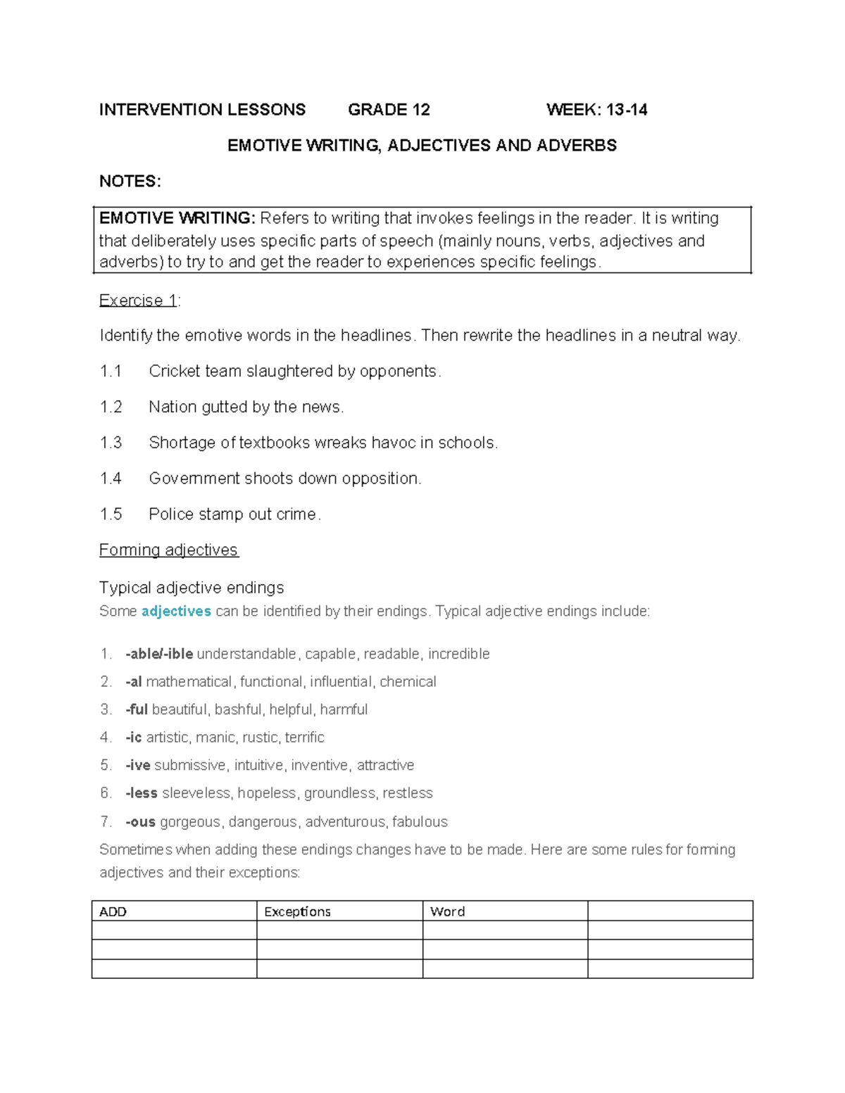 Grade 12 Intervention Lesson: Emotive Writing & Adjective Formation ...