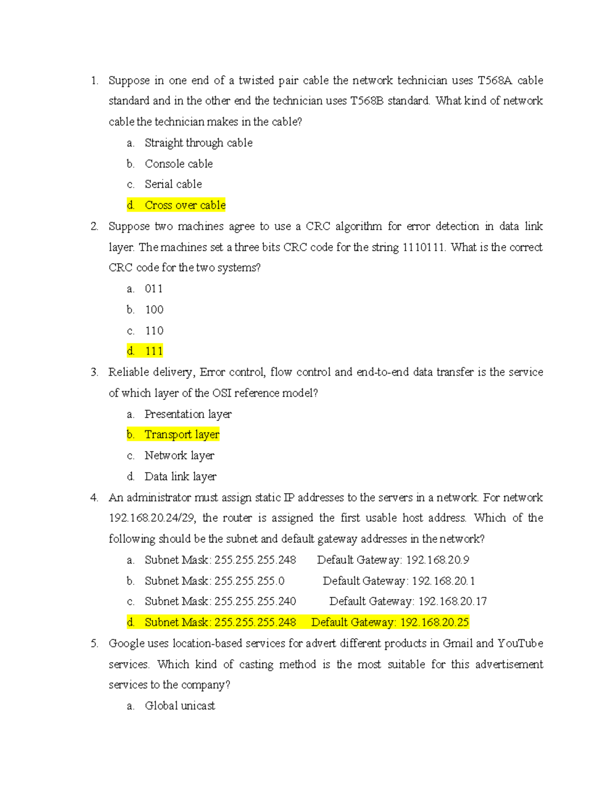 Data Comm. & Computer NW Final Exam Questions and Answers - Studocu