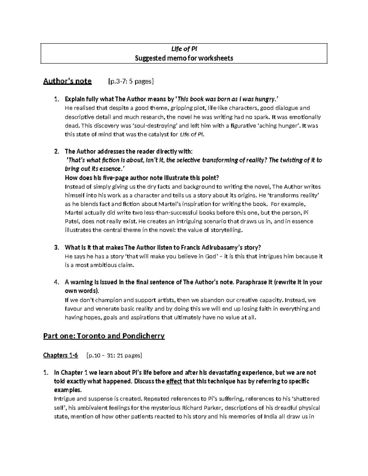 Life of Pi (ENG 101) Practice Questions Memo - Studocu