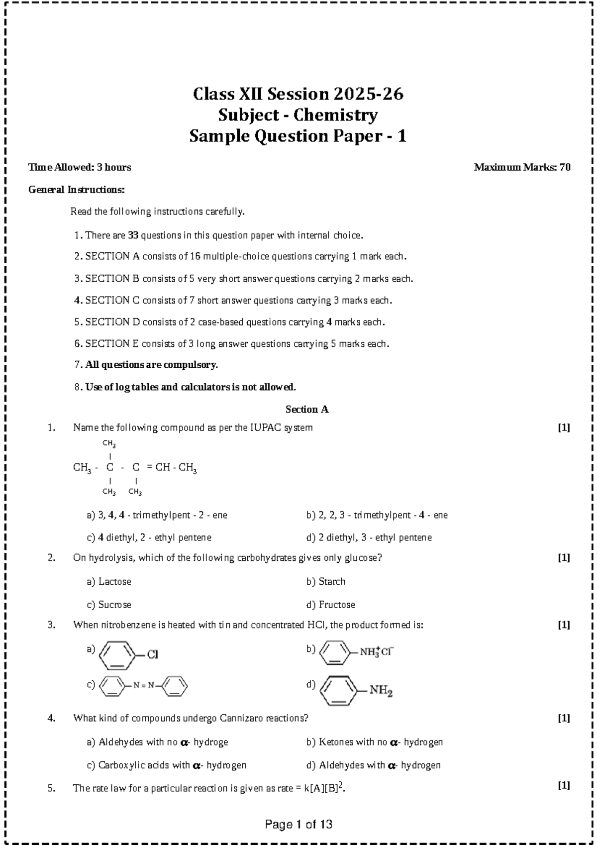 Class XII Chemistry Sample Question Paper 1 (SP-1) - Studocu
